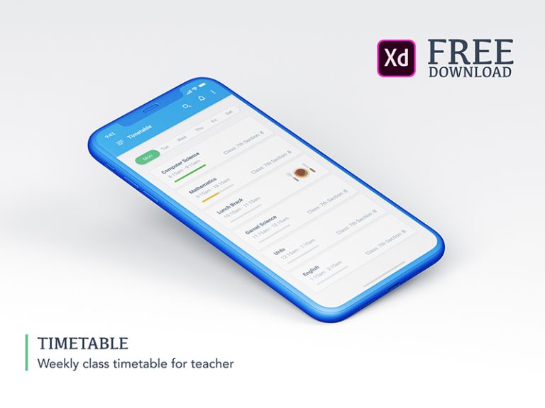 Free School / Class Timetable Design Mobile App - Xd File