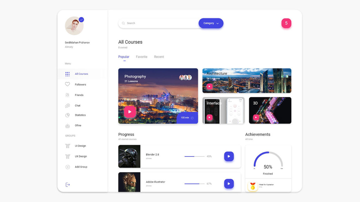 Free Courses Dashboard Adobe XD Template - Xd File