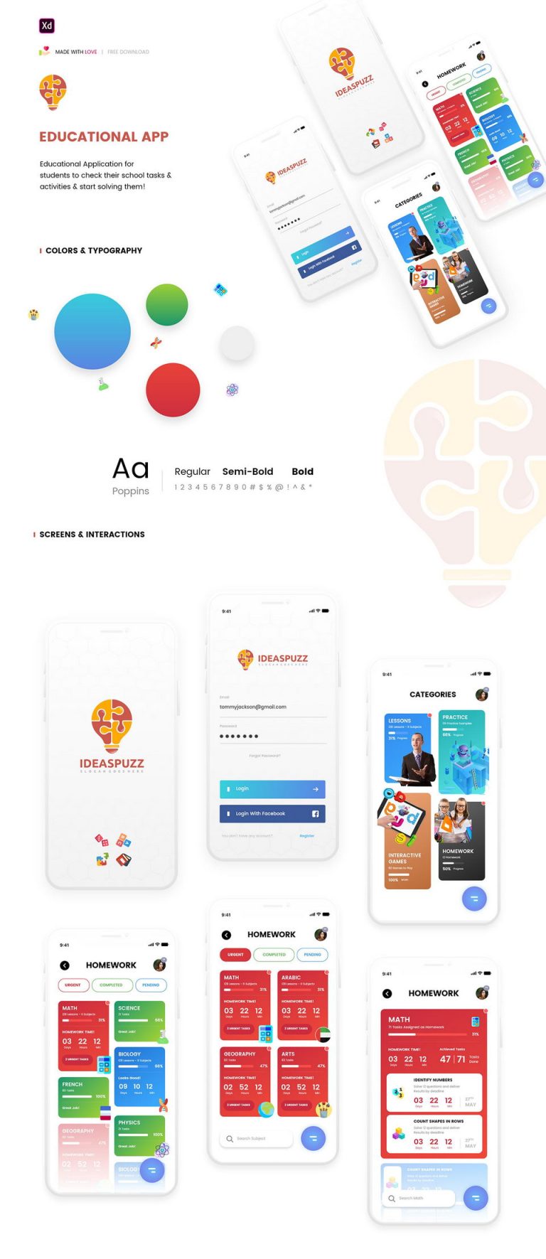 Free Education App UI Kit XD Template - Xd File