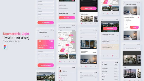 Free Neomorphic Travel UI Kit Figma - Xd File