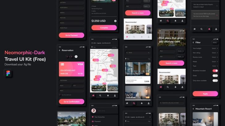 Free Neomorphic Travel UI Kit Figma - Xd File