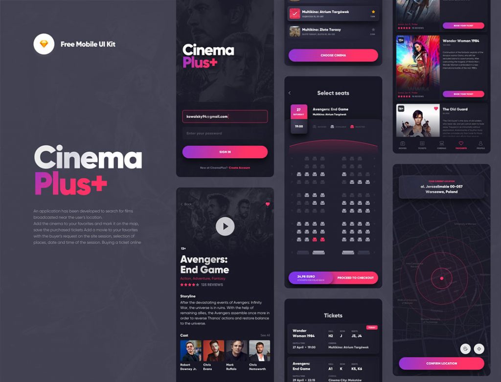 Free CinemaPlus Booking Movie Tickets App UI Kit Sketch Resources